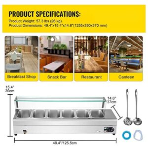 110V Bain Marie Food Warmer 42 Quart, 6 Pan x 1/3 GN Commercial Steam Table with Tempered Glass Shield