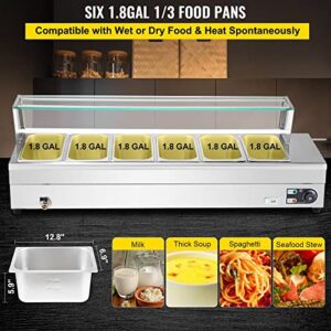 110V Bain Marie Food Warmer 42 Quart, 6 Pan x 1/3 GN Commercial Steam Table with Tempered Glass Shield