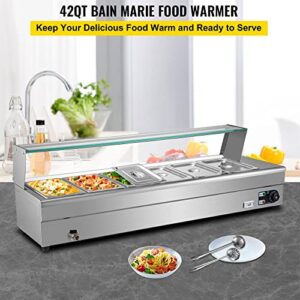 110V Bain Marie Food Warmer 42 Quart, 6 Pan x 1/3 GN Commercial Steam Table with Tempered Glass Shield