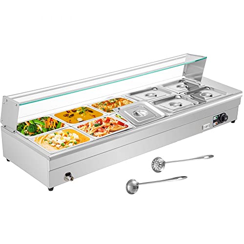 Commercial Food Warmer Bain Marie with Glass Shield - 10 Pan x 1/2 GN, 6-Inch Deep, 1500W Electric Countertop Food Warmer