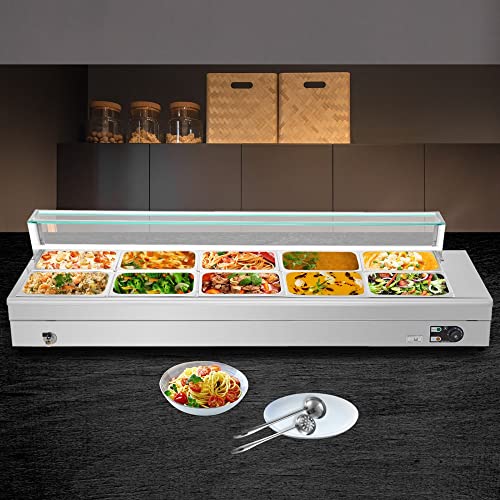 Commercial Food Warmer Bain Marie with Glass Shield - 10 Pan x 1/2 GN, 6-Inch Deep, 1500W Electric Countertop Food Warmer