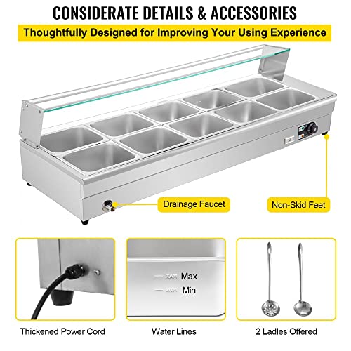 Commercial Food Warmer Bain Marie with Glass Shield - 10 Pan x 1/2 GN, 6-Inch Deep, 1500W Electric Countertop Food Warmer