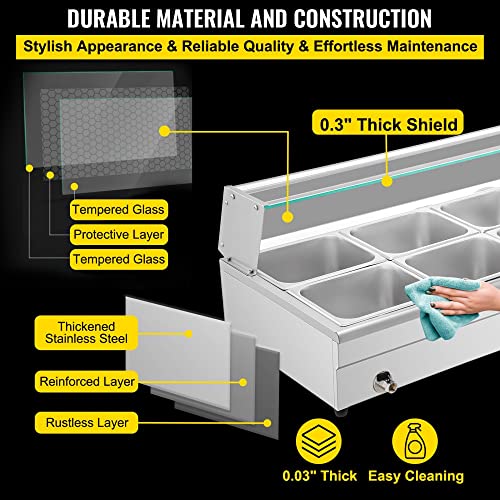 Commercial Food Warmer Bain Marie with Glass Shield - 10 Pan x 1/2 GN, 6-Inch Deep, 1500W Electric Countertop Food Warmer