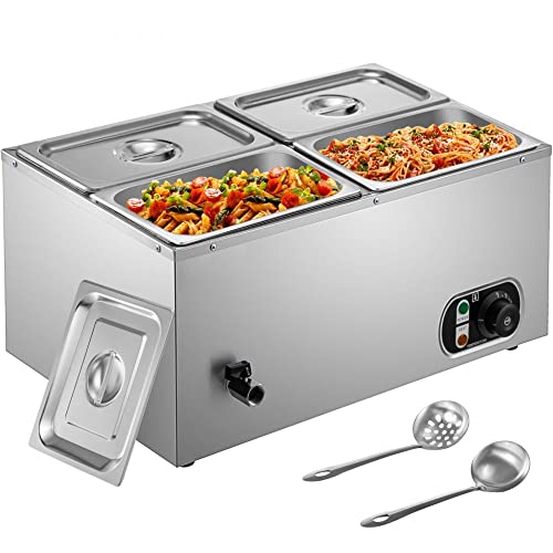 Commercial Food Warmer Bain Marie, 110V 4-Pan Stainless Steel Steam Table with 14.8 Qt Capacity and Precise Temperature Control