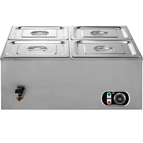 Commercial Food Warmer Bain Marie, 110V 4-Pan Stainless Steel Steam Table with 14.8 Qt Capacity and Precise Temperature Control