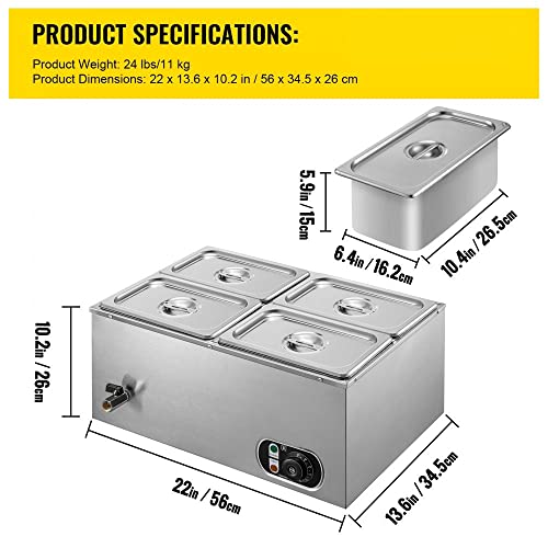 Commercial Food Warmer Bain Marie, 110V 4-Pan Stainless Steel Steam Table with 14.8 Qt Capacity and Precise Temperature Control