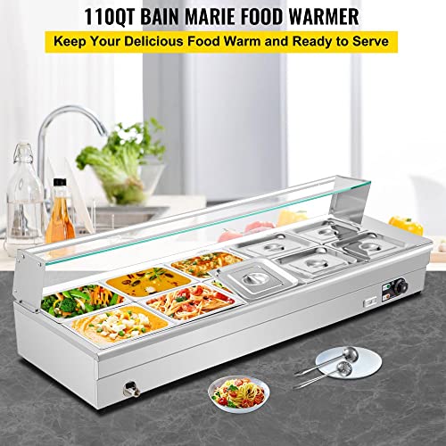 Commercial Food Warmer Bain Marie with Glass Shield - 10 Pan x 1/2 GN, 6-Inch Deep, 1500W Electric Countertop Food Warmer