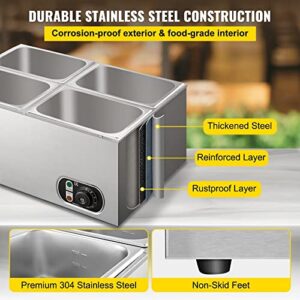 Commercial Food Warmer Bain Marie, 110V 4-Pan Stainless Steel Steam Table with 14.8 Qt Capacity and Precise Temperature Control