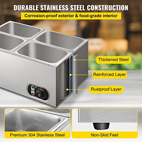 Commercial Food Warmer Bain Marie, 110V 4-Pan Stainless Steel Steam Table with 14.8 Qt Capacity and Precise Temperature Control