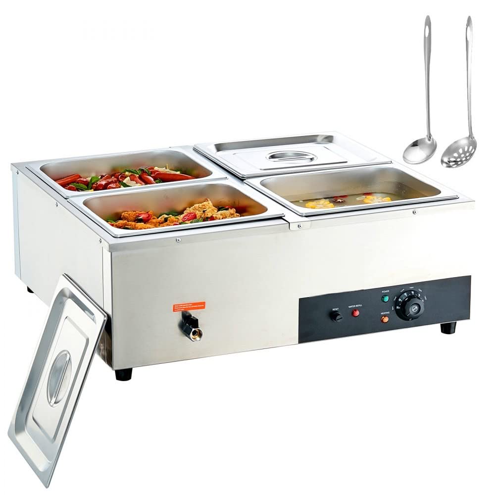 Commercial Food Warmer, 4-Pan Electric Steam Table with 12QT Pans, Stainless Steel Countertop Buffet Bain Marie