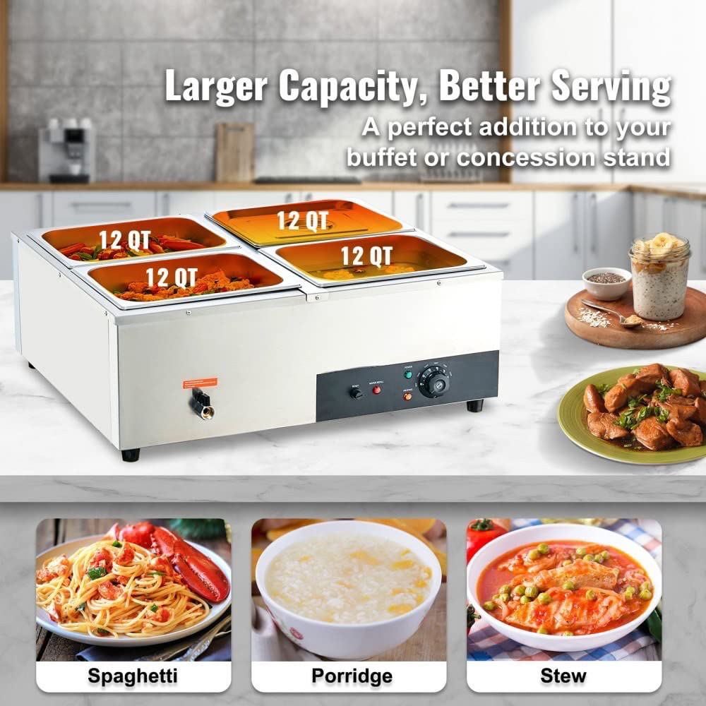 Commercial Food Warmer, 4-Pan Electric Steam Table with 12QT Pans, Stainless Steel Countertop Buffet Bain Marie