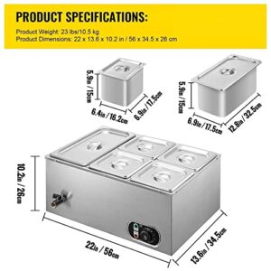 Commercial Food Warmer 110V, Stainless Steel 5-Pan Bain Marie 13.7 Quart Capacity with Lid for Catering Restaurants