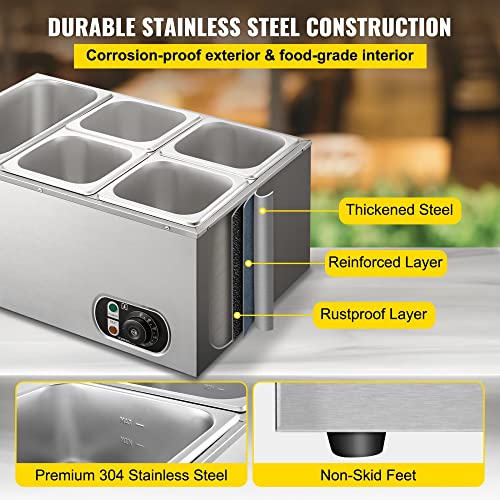 Commercial Food Warmer 110V, Stainless Steel 5-Pan Bain Marie 13.7 Quart Capacity with Lid for Catering Restaurants