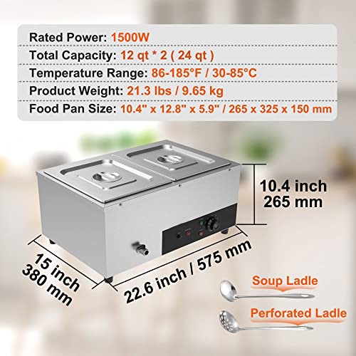 Commercial Food Warmer - 2 x 12QT Electric Steam Table - Stainless Steel Buffet Bain Marie