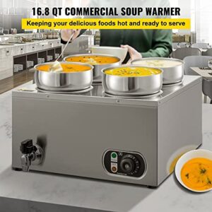 Commercial Food Warmer 16.8 Qt Capacity - Stainless Steel Countertop Soup Pot with Adjustable Temperature and Tap