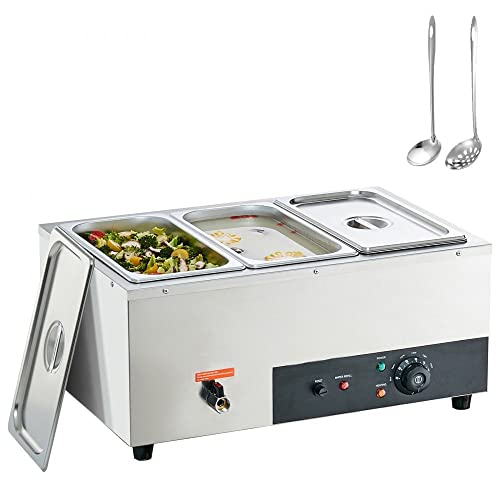 Commercial Food Warmer Bain Marie, Electric Steam Table with 3 Pans and Temperature Control for Catering and Restaurants