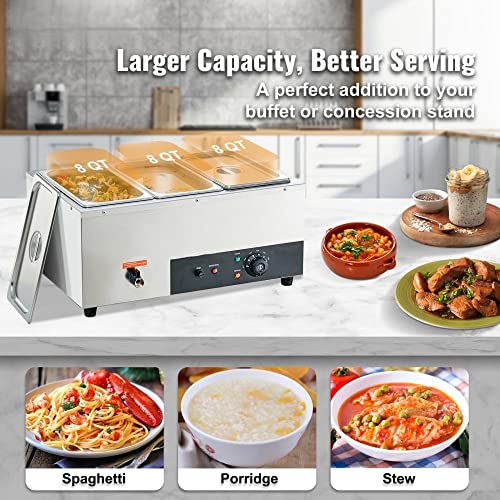 Commercial Food Warmer Bain Marie, Electric Steam Table with 3 Pans and Temperature Control for Catering and Restaurants