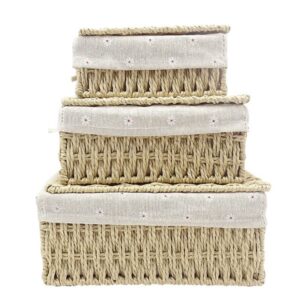 straw desktop storage basket desktop is not messy used for storage of daily necessities bedroom kitchen storage box cloth art dustproof three-piece set (beige)