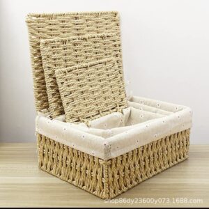 Straw Desktop Storage Basket Desktop Is Not Messy Used For Storage Of Daily Necessities Bedroom Kitchen Storage Box Cloth Art Dustproof Three-Piece Set (Beige)