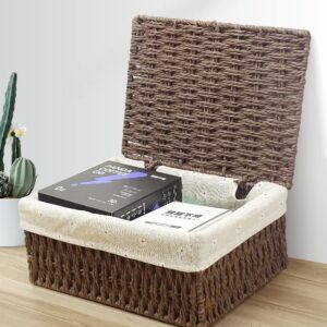 Straw Desktop Storage Basket Desktop Is Not Messy Used For Storage Of Daily Necessities Bedroom Kitchen Storage Box Cloth Art Dustproof Three-Piece Set (Beige)