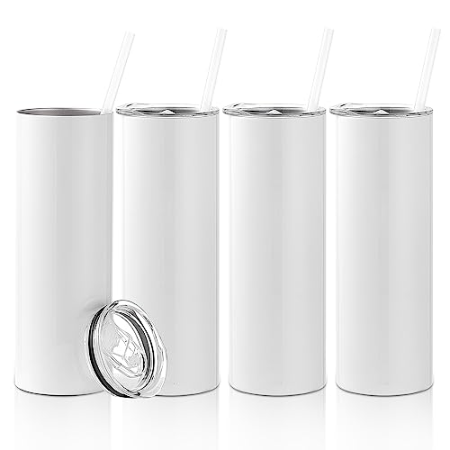 Fun-worx Skinny Straight Tumbler 20oz 4 Pack with Lids for Sublimation Stainless Steel Insulated Tumblers Blank White