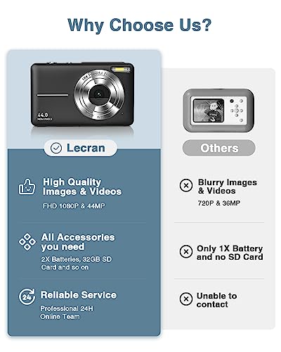 Digital Camera, FHD 1080P Kids Camera with 32GB Card, 2 Batteries, Lanyard, 16X Zoom Anti Shake, 44MP Compact Portable Small Point and Shoot Cameras Gift for Kid Student Children Teens Girl Boy(Black)