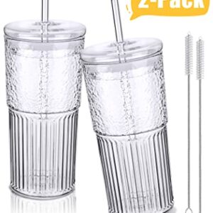 NiHome High Borosilicate Glass Tumbler Cup with Lid and Straw, 22oz Iced Coffee Glass Cups Drinking Glasses Boba Smoothie Tea Cup, Mason Jar Cup Wide Mouth Water Tumbler (2 Pack Glass Straws)