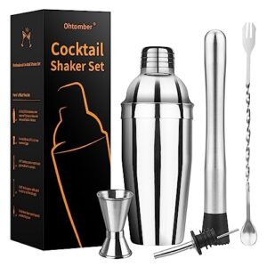 ohtomber cocktail shaker bartender kit - 5 pieces cocktail martini shaker with strainer, muddler for cocktails, bar spoon, measuring jigger for bartending and liquor bottle pourers, drink mixer set