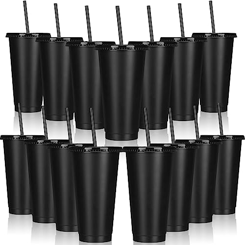 Bokon Tumbler with Straw and Lid Bulk 24 oz Reusable Plastic Cups with Lids and Straws Water Bottle Travel Mug Cup Tumblers Bulk for Cold Hot Drinks Parties Birthdays Adults (15 Sets,Black)