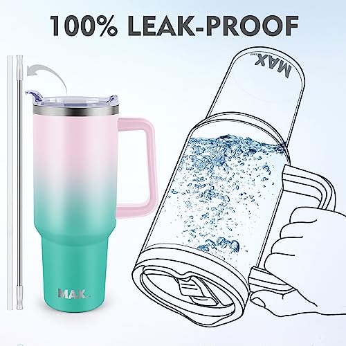 MaxBase 40 oz Tumbler with Handle and Straw Lid, Insulated Reusable Stainless Steel Travel Mug Keeps Drinks Cold up to 34 Hours, 100% Leakproof Bottle for Water, Iced Tea or Coffee, Smoothie and More