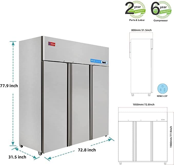 Aceland Commercial Refrigerator NON-ETL 72" Three Door Stainless Steel Upright Fan Cooling Refrigerator for Restaurant, Bar, Shop, Residential 54 Cu.ft (Commercial Kitchen Equipment)