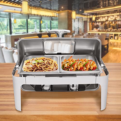 Electric Buffet Food Roll Top Chafing Dish Servers and Warmers with Cover 2 Pans 9.5Quart for Buffet Commercial Food Warmer Steam Table/2458