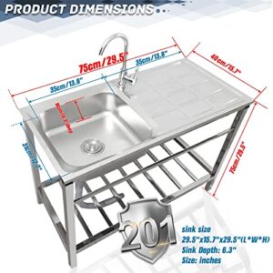 Stainless Steel Sink Kitchen Sink With Cold And Hot Faucet, 1 Compartment Commercial Kitchen Sink Dishpan For Sink (Restaurant, Kitchen, Laundry, Garage) (Size : 75x40x75cm/29.5x15.7x29.5in)