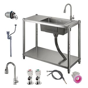 stainless steel kitchen sink freestanding outdoor sinks commercial restaurant sink set w/faucet & workbench & storage shelves industrial sink single bowl for patio garden garage 35.5×31.5×16.5"