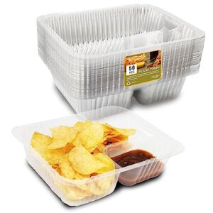 ahkunmt 50 pc nacho trays disposable, 12oz plastic nacho containers with chip and dip holder, 6x5 in 2 compartments clear snack trays for kids,parties, movie night supplies (plastic-50pc)