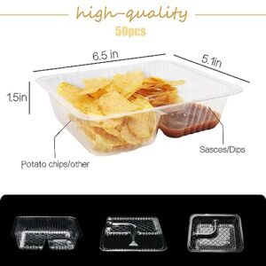 AHKUNMT 50 PC Nacho Trays Disposable, 12oz Plastic Nacho Containers with Chip and Dip Holder, 6x5 In 2 Compartments Clear Snack Trays for Kids,Parties, Movie Night Supplies (Plastic-50pc)