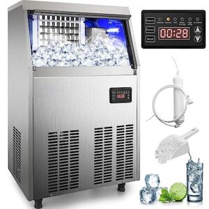 Commercial Stainless Steel Under Counter Ice Maker Machine with 33LB Bin - Automatic Operation, Water Filter, Scoop, Connection Hose - Makes 90-100LBS/24H - Ideal for Home Bar, Restaurant, and Office