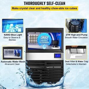 Commercial Stainless Steel Ice Maker Machine with 110LBS/24H Capacity, 39LBS Bin, Electric Water Drain Pump, Water Filter, 2 Scoops, and Connection Hose - Auto Operation for Home, Bar, Restaurant