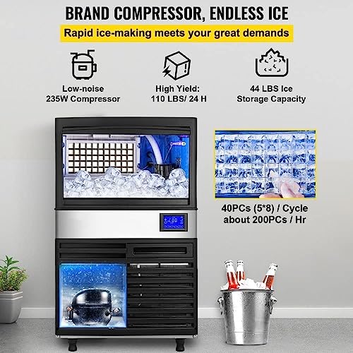 Commercial Stainless Steel Ice Maker Machine with 110LBS/24H Capacity, 39LBS Bin, Electric Water Drain Pump, Water Filter, 2 Scoops, and Connection Hose - Auto Operation for Home, Bar, Restaurant