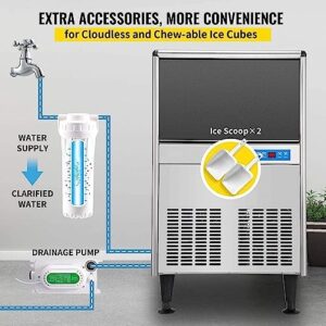 Commercial Ice Maker Machine - 110V, 170LBS/24H, ETL Approved Stainless Steel, 66LBS Bin, Auto Clean, Clear Cube, Air-Cooled, Water Filter, Drain Pump - Ideal for Restaurant, Bar, and Office