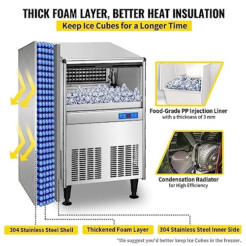 Commercial Ice Maker Machine - 110V, 170LBS/24H, ETL Approved Stainless Steel, 66LBS Bin, Auto Clean, Clear Cube, Air-Cooled, Water Filter, Drain Pump - Ideal for Restaurant, Bar, and Office