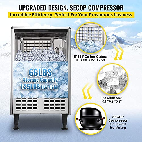 Commercial Ice Maker Machine - 110V, 170LBS/24H, ETL Approved Stainless Steel, 66LBS Bin, Auto Clean, Clear Cube, Air-Cooled, Water Filter, Drain Pump - Ideal for Restaurant, Bar, and Office