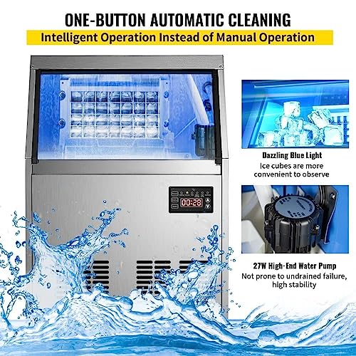 Stainless Steel Commercial Ice Maker Machine with 33LB Bin, Automatic Operation, Water Filter, Scoop, Connection Hose - Makes 120-130LBS/24H - Ideal for Home Bar