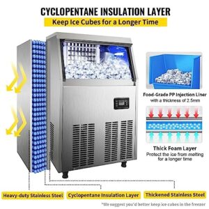 Stainless Steel Commercial Ice Maker Machine with 33LB Bin, Automatic Operation, Water Filter, Scoop, Connection Hose - Makes 120-130LBS/24H - Ideal for Home Bar