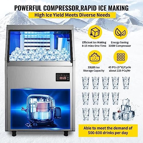 Stainless Steel Commercial Ice Maker Machine with 33LB Bin, Automatic Operation, Water Filter, Scoop, Connection Hose - Makes 120-130LBS/24H - Ideal for Home Bar