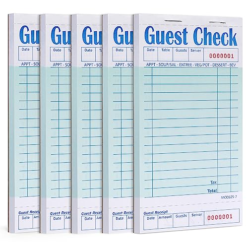 Guest Checks Book 5 Pack, Server Note Pads, Waitress Accessories Wirting Pad, Restaurant Supplies Order Pad Total 250 Sheets