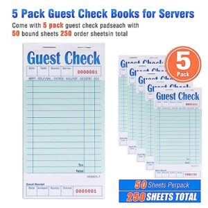 Guest Checks Book 5 Pack, Server Note Pads, Waitress Accessories Wirting Pad, Restaurant Supplies Order Pad Total 250 Sheets