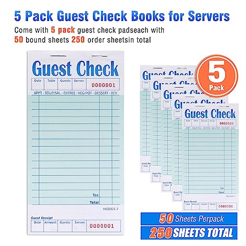 Guest Checks Book 5 Pack, Server Note Pads, Waitress Accessories Wirting Pad, Restaurant Supplies Order Pad Total 250 Sheets