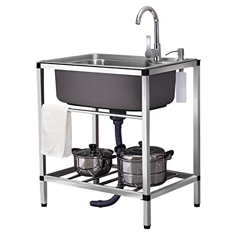 Catering Sink Free Standing 304 Stainless Steel Utility Sinks For Laundry Room With Tap And Drain, Industrial Garage Sink Commercial Sink For Restaurant, Workshop, 53x38cm ( Size : 68*44cm/27*17in )