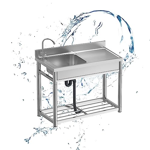 Outdoor utility commercial garage sink,Indoor kitchen Stainless Steel sink,with faucet,with storage rack,1 Compartment,Wear-resistant and smooth, large capacity,for restaurant,Basement. (Size : 80CM+